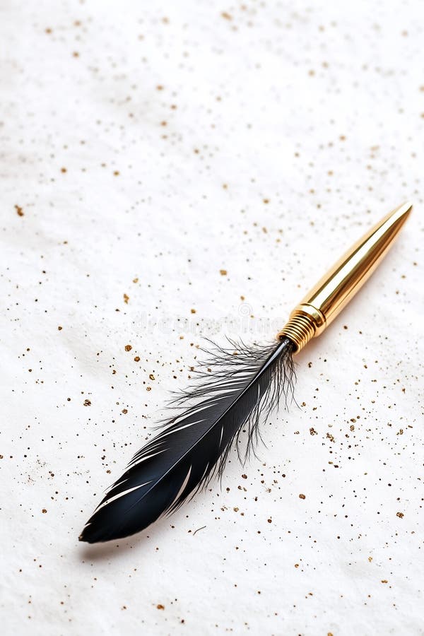 A Broken Feather Pen Lies on an Elegant Parchment Covered with Specks ...