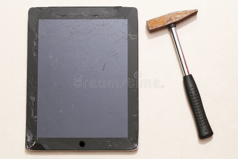 Broken Flat Glass of Tablet and Rusty Hammer Stock Photo - Image of ...