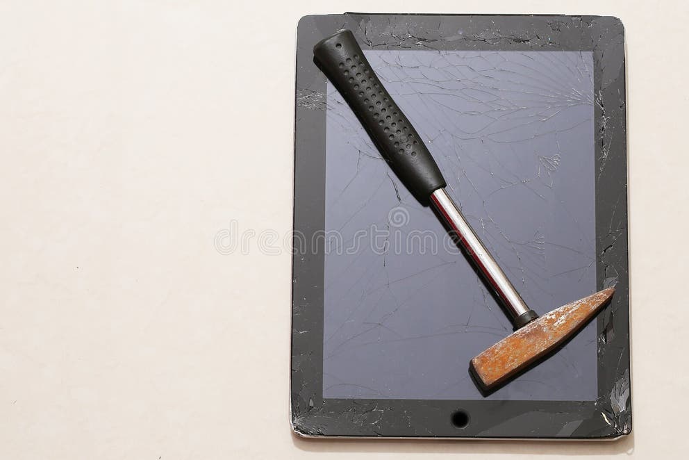 Broken Flat Glass of Tablet and Rusty Hammer Stock Photo - Image of ...