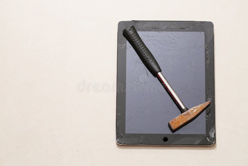 Broken Flat Glass of Tablet and Rusty Hammer Stock Image - Image of ...