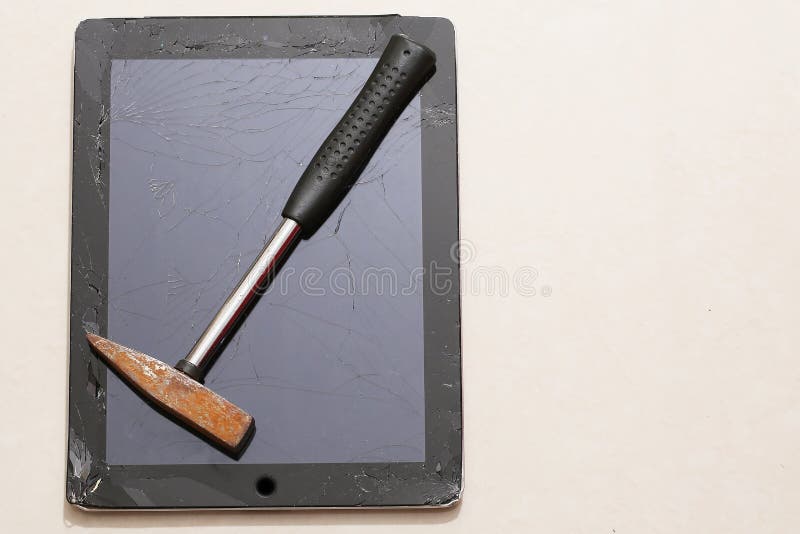 Broken Flat Glass of Tablet and Rusty Hammer Stock Image - Image of ...