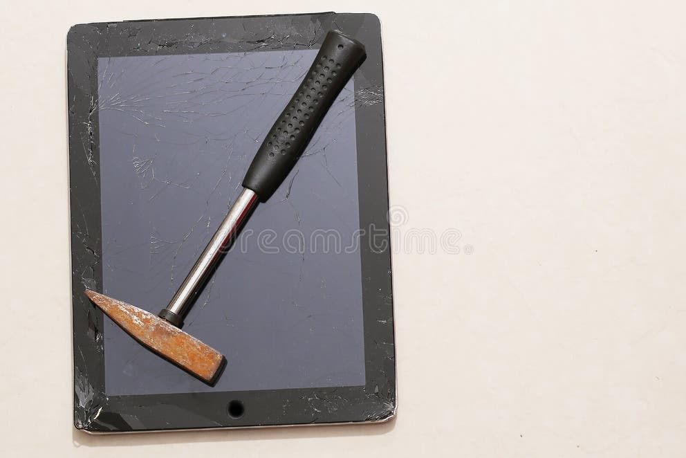 Broken Flat Glass of Tablet and Rusty Hammer Stock Image - Image of ...