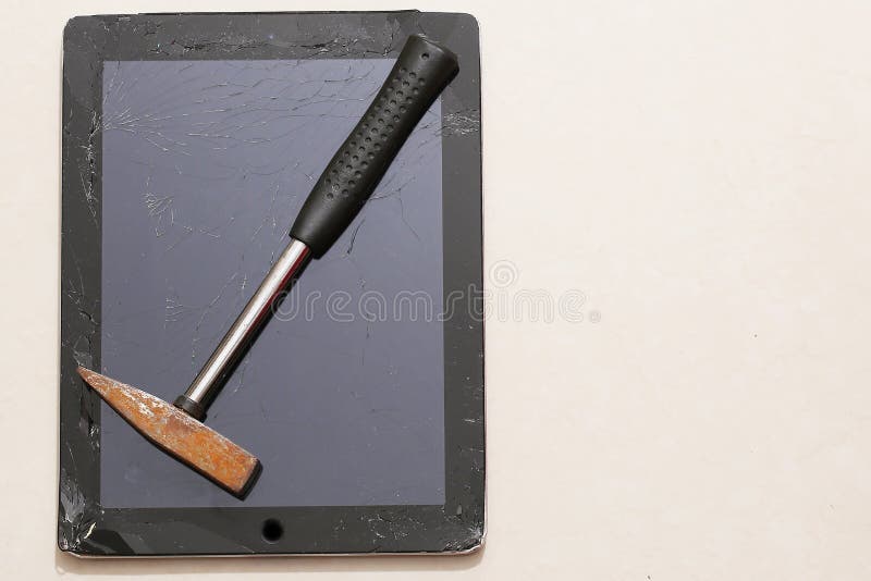 Broken Flat Glass of Tablet and Rusty Hammer Stock Photo - Image of ...