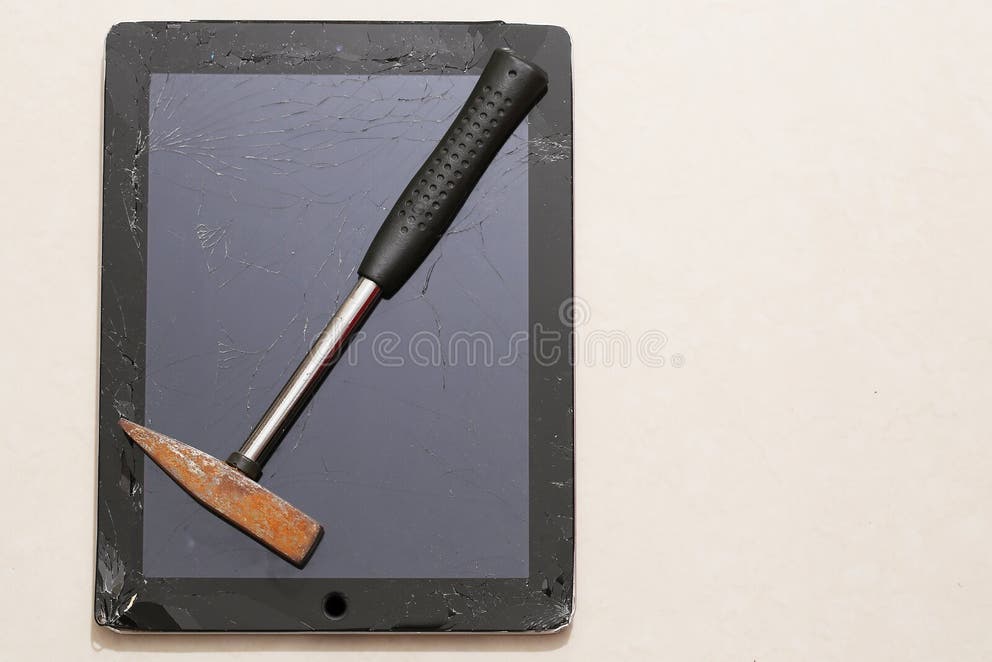 Broken Flat Glass of Tablet and Rusty Hammer Stock Photo - Image of ...