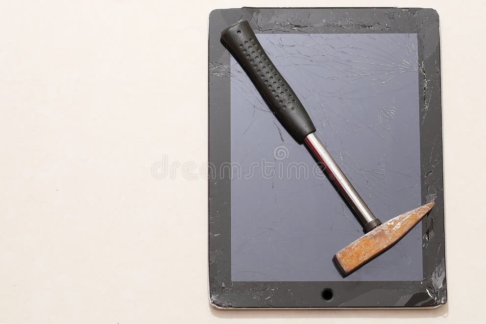 Broken Flat Glass of Tablet and Rusty Hammer Stock Photo - Image of ...