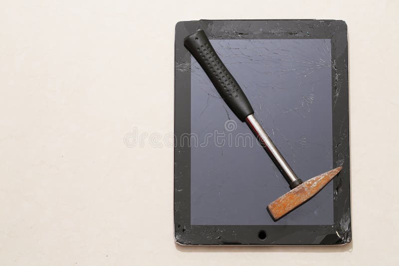 Broken Flat Glass of Tablet and Rusty Hammer Stock Photo - Image of ...