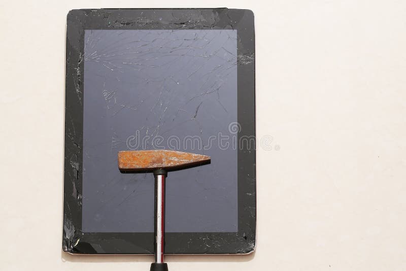 Broken Flat Glass of Tablet and Rusty Hammer Stock Image - Image of ...