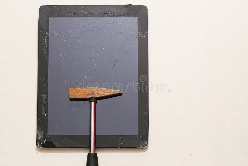 Broken Flat Glass of Tablet and Rusty Hammer Stock Image - Image of ...