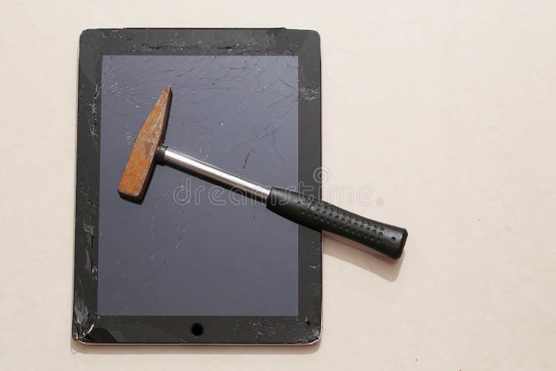 Broken Flat Glass of Tablet and Rusty Hammer Stock Photo - Image of ...