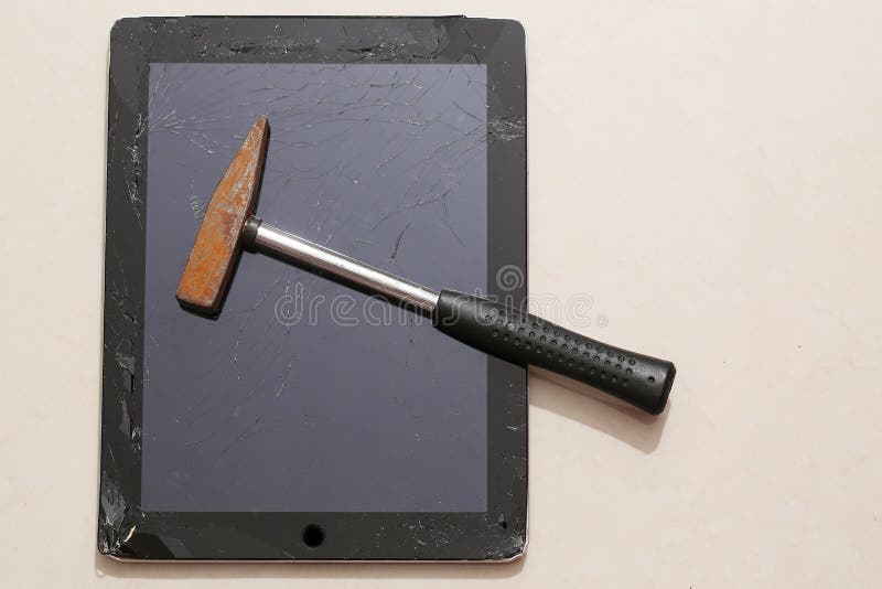 Broken Flat Glass of Tablet and Rusty Hammer Stock Image - Image of ...