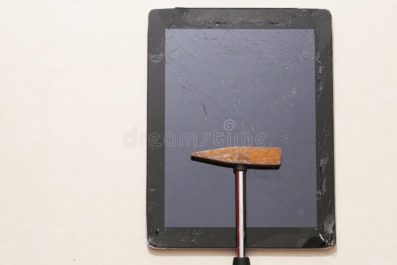 Broken Flat Glass of Tablet and Rusty Hammer Stock Photo - Image of ...