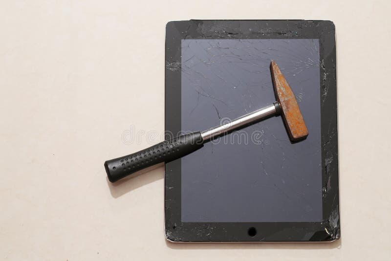Broken Flat Glass of Tablet and Rusty Hammer Stock Photo - Image of ...