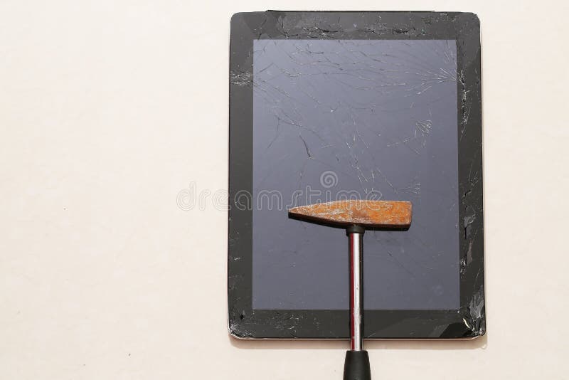 Broken Flat Glass of Tablet and Rusty Hammer Stock Image - Image of ...