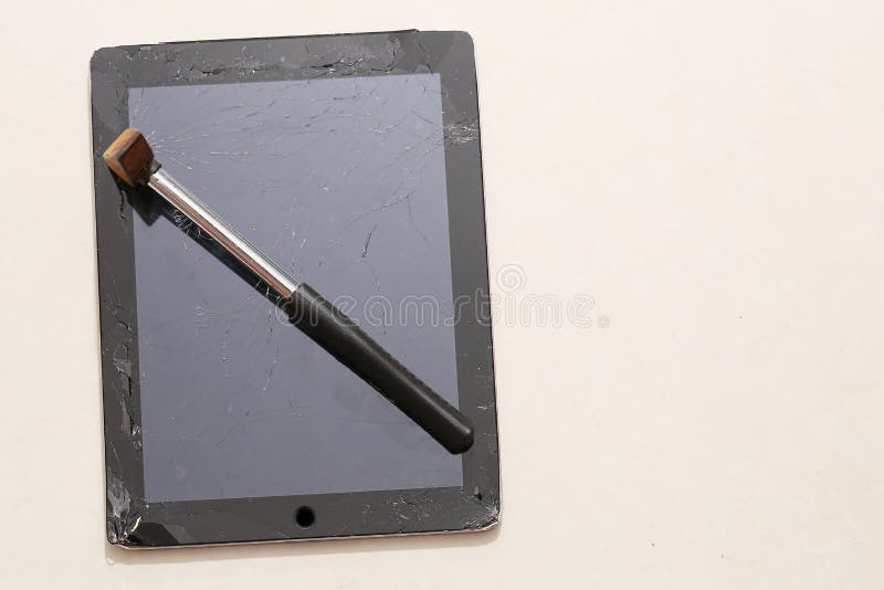 Broken Flat Glass of Tablet and Rusty Hammer Stock Image - Image of ...