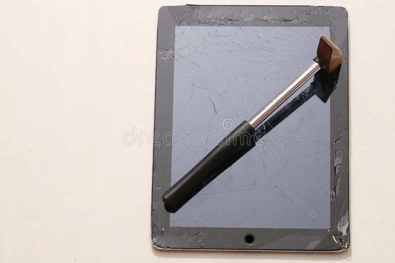 Broken Flat Glass of Tablet and Rusty Hammer Stock Image - Image of ...