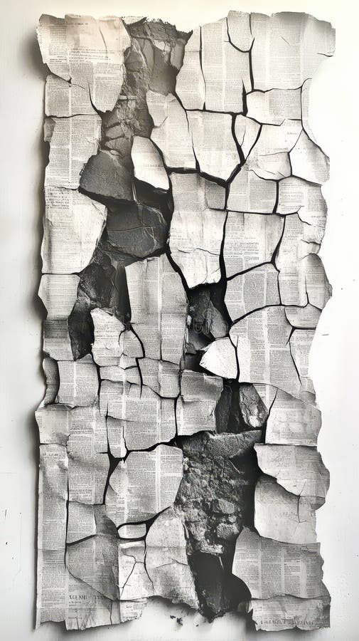 Broken and Fragmented Wall with Text Overlay in Grayscale Stock Image ...