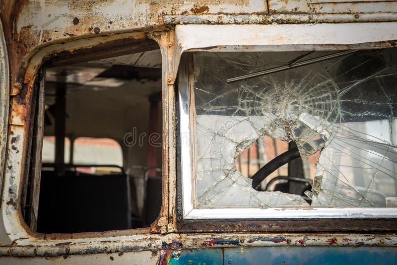 Broken Front Window on Old Bus Stock Image - Image of abandoned ...