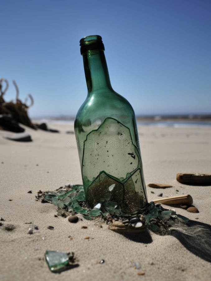 A Broken Glass Bottle Its Shards Tered in the Sand. Stock Photo - Image ...