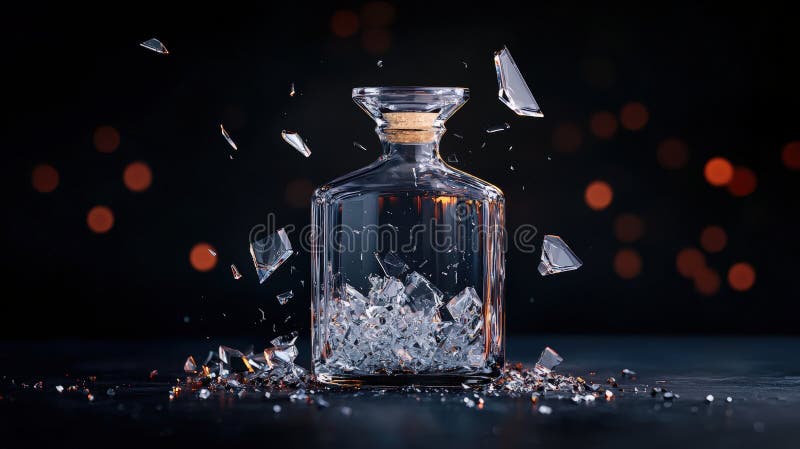 Broken Glass Bottle with Shards Scattered on a Dark Background Stock ...