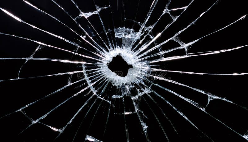 Broken Glass with Hole and Cracks on Black Background Stock Photo ...