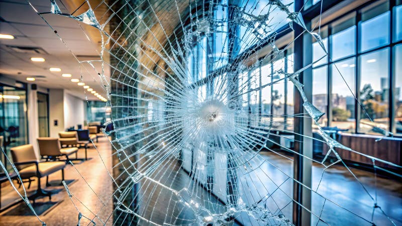 Broken Glass in the Lobby of a Modern Office Building, Toned Stock ...