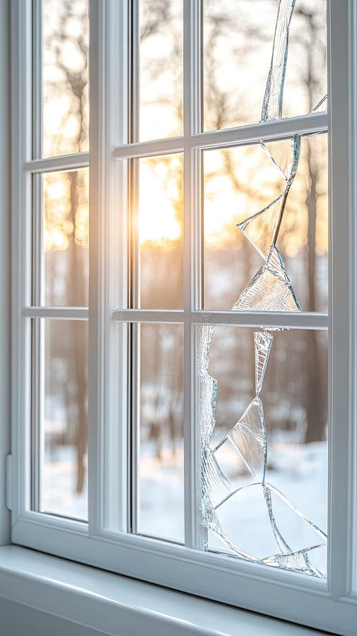 Broken Glass on an Office Window Reveals Cracks, Blending Modern Decor ...