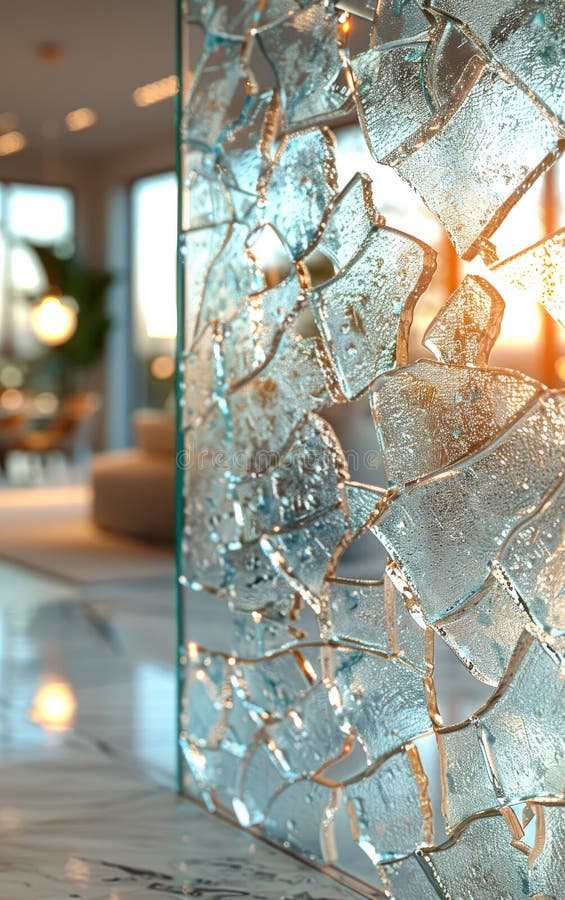 Broken Glass Panel Reflecting Sunset in Modern Interior Space Stock ...