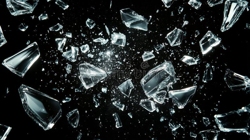 Broken Glass Pieces Floating Against Dark Background with Light ...