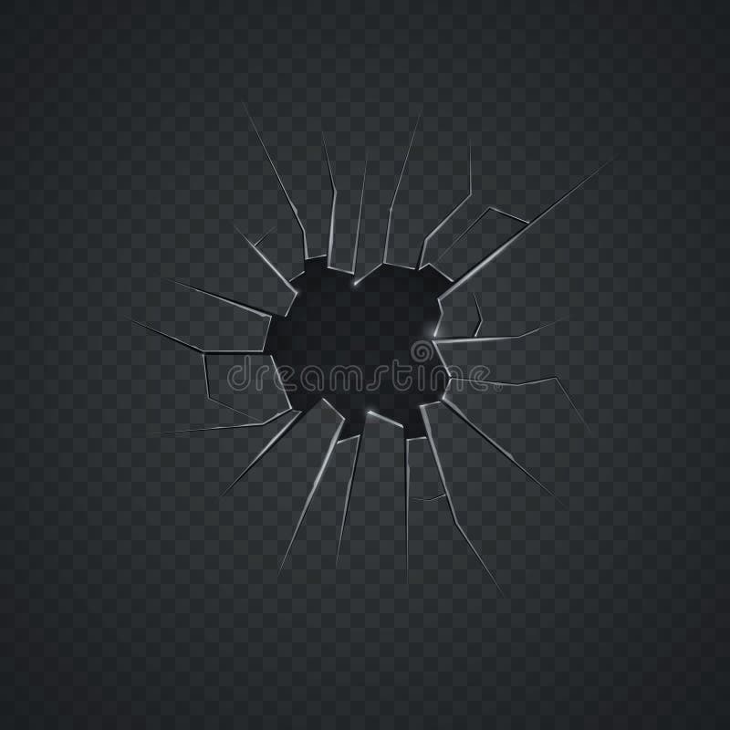 Broken Glass. Realistic Cracked Hole in Damaged Transparent Glass Stock ...
