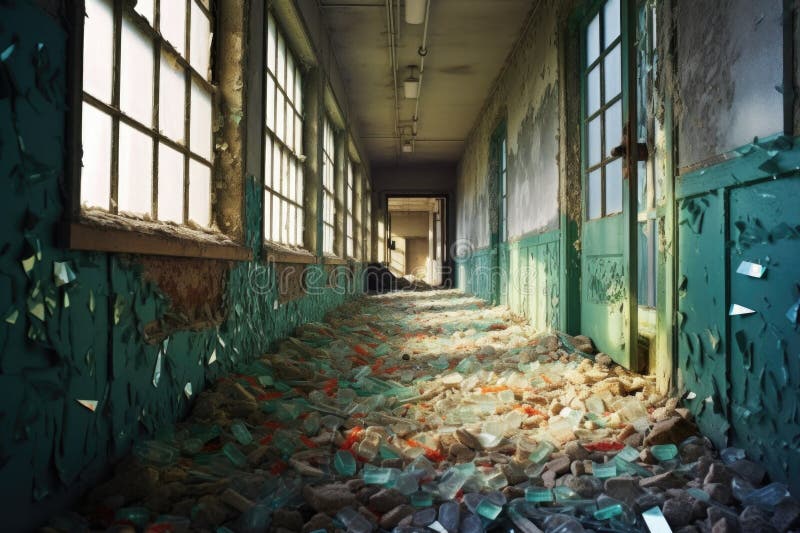 Broken Glass and Rubble in an Abandoned School Hallway Stock ...