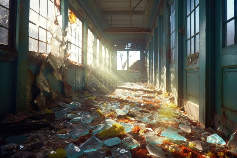 Broken Glass and Rubble in an Abandoned School Hallway Stock ...