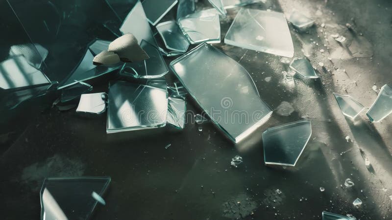 Shattered Glass Fragments Spreading Across Dark Surface, Capturing ...