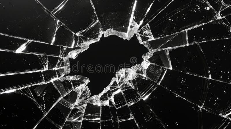 Broken Glass with Sharp Edges and a Central Hole Against a Dark ...