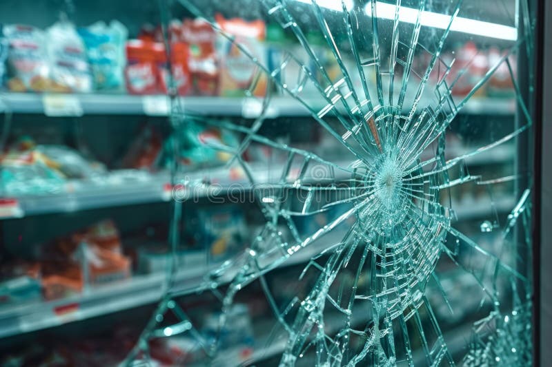 Broken Glass of Showcase or Storefront Window in Shopping Mall. Neural ...