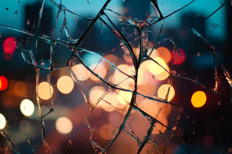 Broken Glass View of City Lights through Shattered Window Pane Stock ...