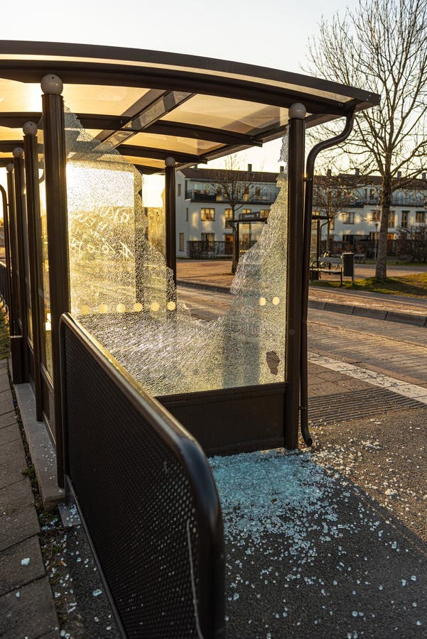 Broken Glass Wall at a Bus Stop.. Editorial Stock Image - Image of ...