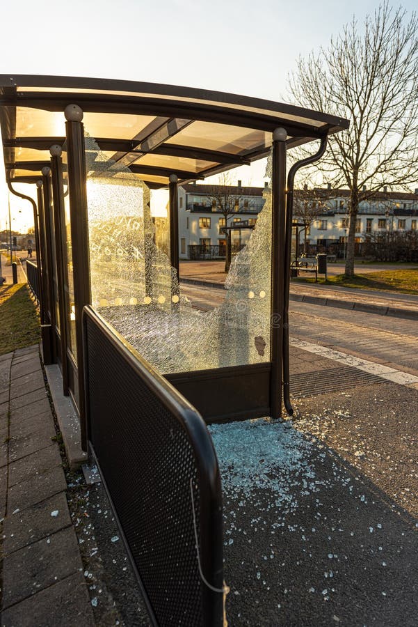 Broken Glass Wall at a Bus Stop.. Editorial Image - Image of glass ...