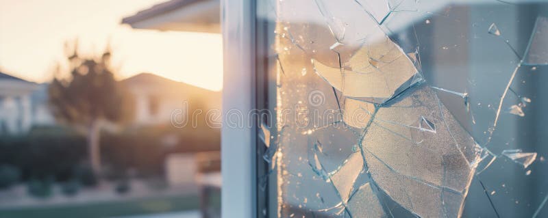 Broken Glass Window Reflecting Sunlight during Sunset with a Blurred ...