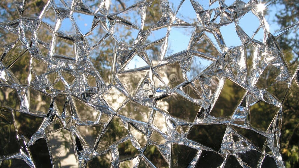 Broken Glass Window with a Shattered Mirror and a Building Visible in ...