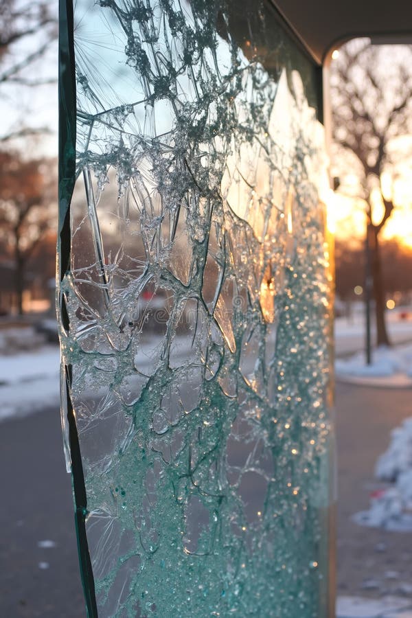 A Broken Glass Window on the Side of a Bus Stop Stock Photo - Image of ...
