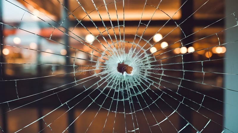 Broken Glass Window with Spiderweb Cracks and Blurred Lights Stock ...
