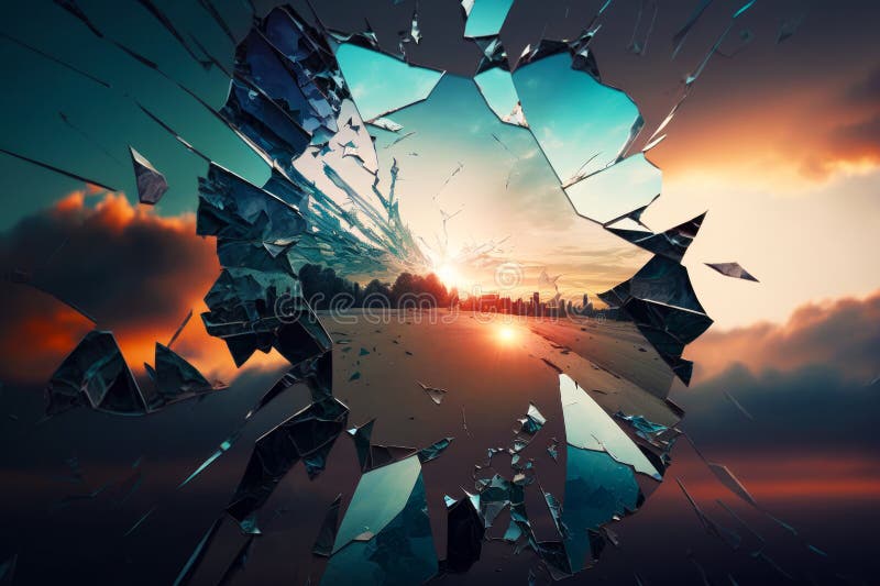 Broken Glass Window with the Sun Setting in the Back Ground and Clouds ...