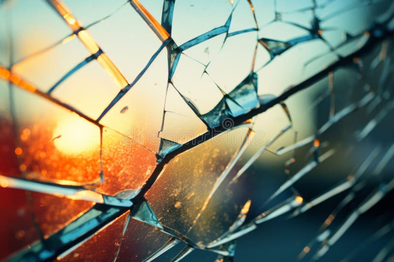A Broken Glass Window with the Sun Setting in the Background Stock ...