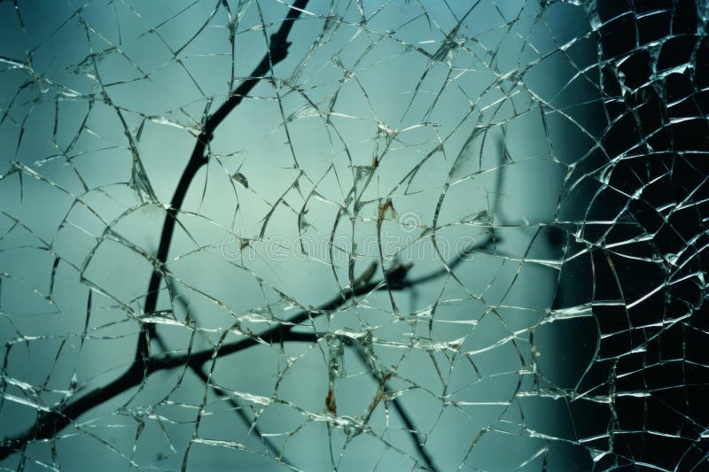 A Broken Glass Window with a Tree Branch in the Background Stock ...