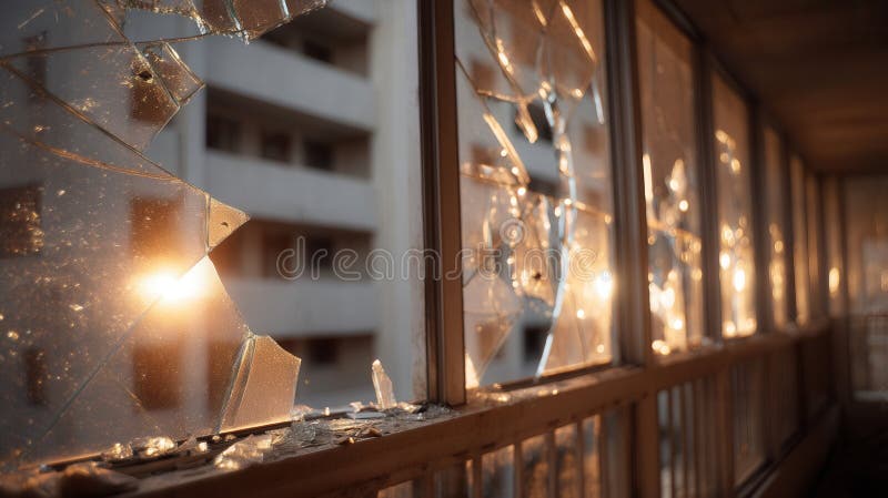 Broken Glass Windows in a Damaged Urban Hallway Glowing with Warm ...