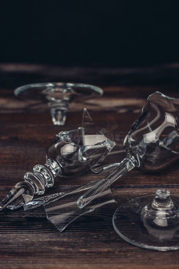 Broken Glass Wooden Table Tableware Close-up Damage Stock Image - Image ...