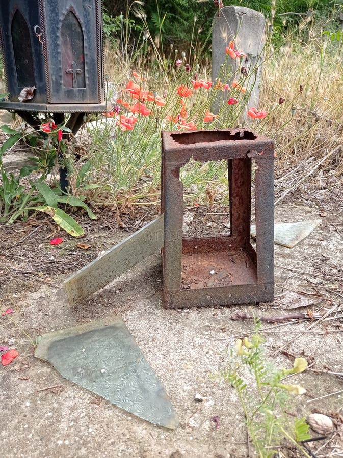 Old Broken Grave with Crumbling Fallen Tombstone and Decaying Wrought ...