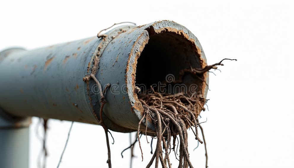 Broken Grey Pipe Clogged Brown Roots Isolated White Background. Pipe ...