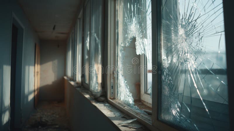 Broken Hallway Windows in a Decaying Building Lit by Daylight. Ideal ...