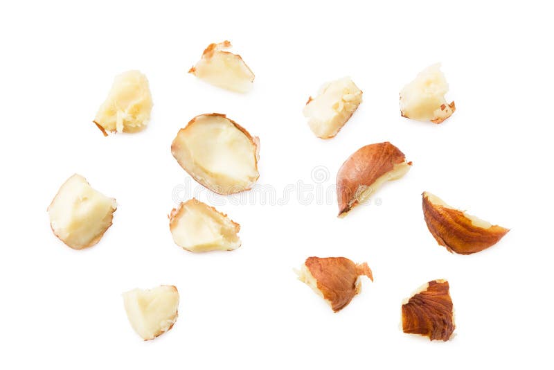 Broken Hazelnuts Isolated on a White Background. Top View Stock Photo ...